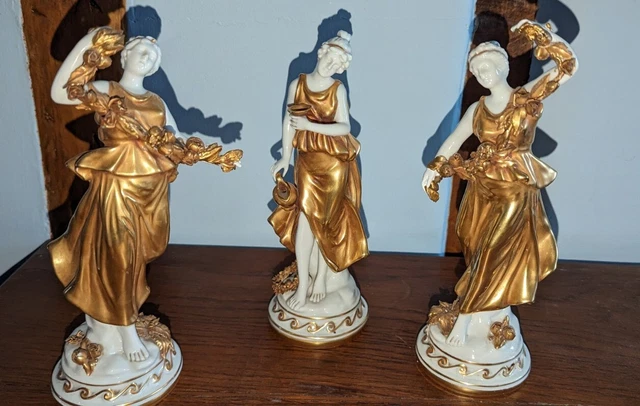 RARE LES TROIS Grâces Statues Figurines porcelaine Capodimonte Dorée à ...