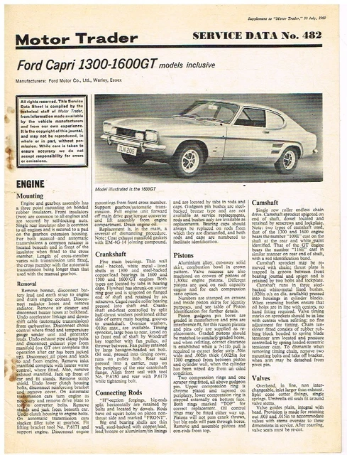 FORD CAPRI MK1 1300 1600 1600 '69 MOTOR TRADER TECHNICAL DATA & SERVICE ...