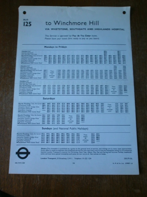 LONDON TRANSPORT BUS Stop Panel Timetable-Route 125, 1979 £1.00 ...