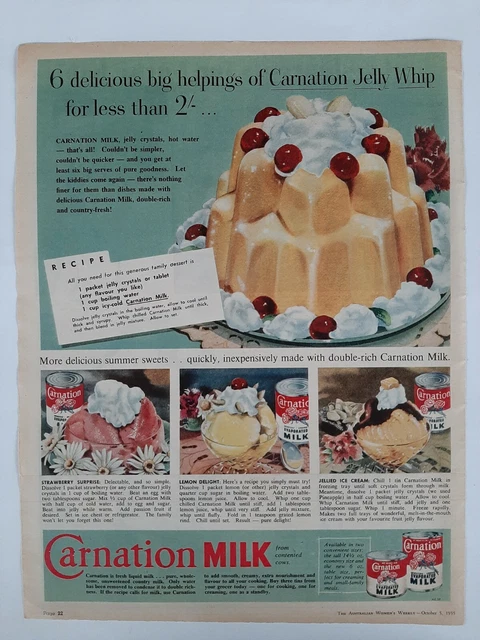 VINTAGE AUSTRALIAN ADVERTISING 1955 ad CARNATION MILK jelly whip recipe ...