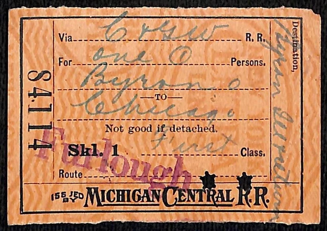 MICHIGAN CENTRAL RAILROAD Ticket Chicago/Byron, OH 1918 #84114 EUR 17 ...