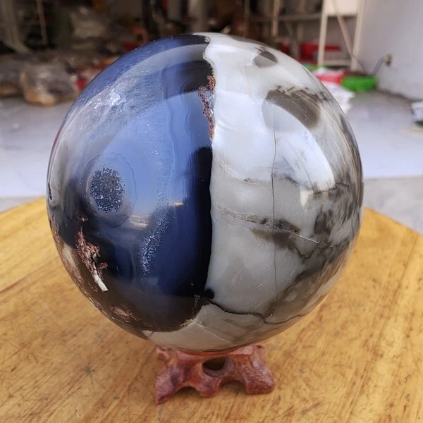 955G RARE NATURAL blue Volcanic Rock agate Sphere Quartz Crystal Ball ...