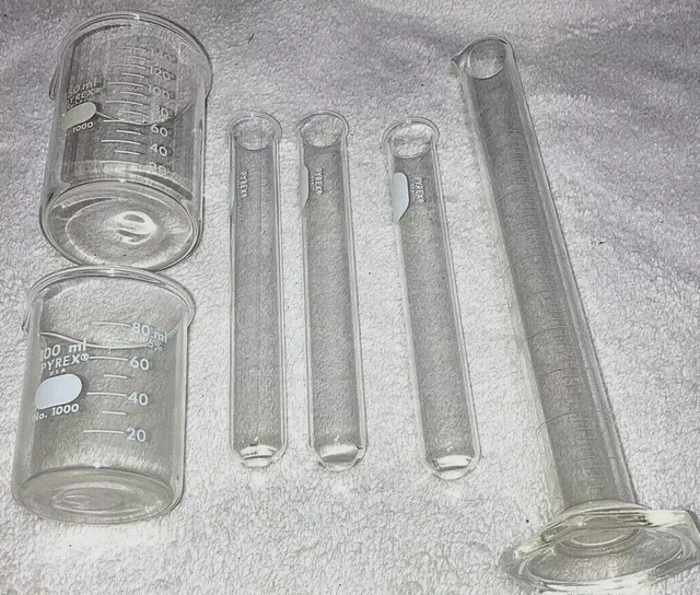 VINTAGE LOT 6 Pyrex Lab Glass 50ml TC metric hex base #9800 tubs no ...