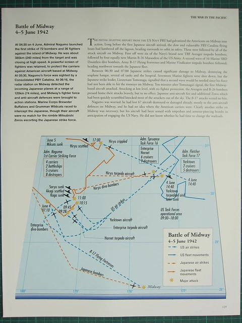 WW2 WWII MAP ~ Battle Of Midway 4-5 Jun 1942 Us Air Strikes Major ...