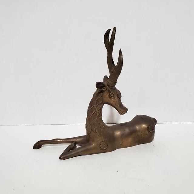 VINTAGE SOLID BRASS 8” Lying Buck - Deer Figurine with Shamanic Inlays ...