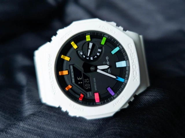 CUSTOM MOD CASIO G-Shock CasiOak Hand Painted GA-2100 White Rainbow ...