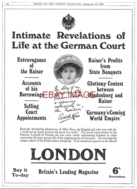 WW1 ADVERT THE London Magazine 'Life at the German Court' 1916 Print Ad ...