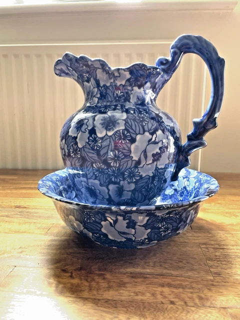 VINTAGE REGENCY IRONSTONE Blue Floral Jug & Wash Bowl Set – 1950s ...