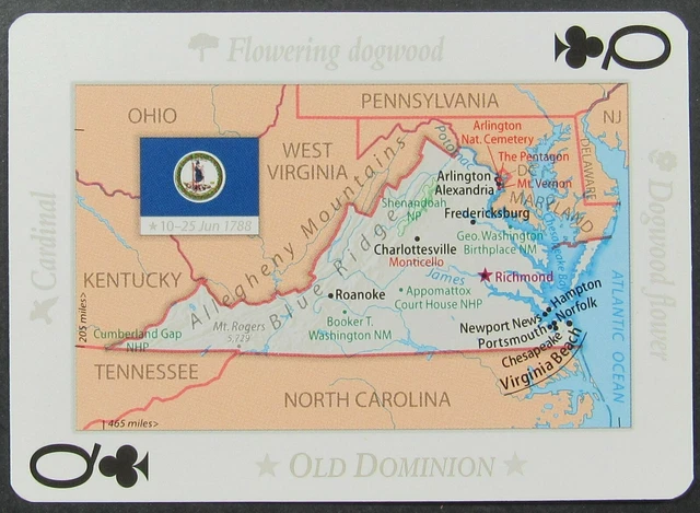 VIRGINIA OLD DOMINION State Map USA Single Swap Wide Playing Card £1.99 ...
