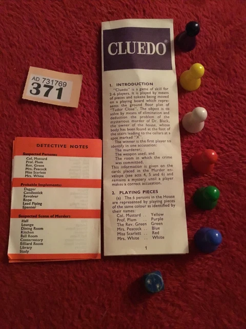 VINTAGE CLUEDO GAME PARTS: 6 Playing Tokens (1972) Plus RULES & Dice ...