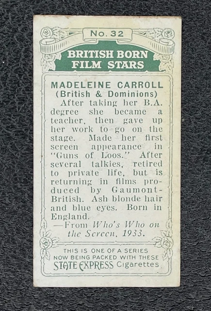 MADELEINE CARROLL - STATE EXPRESS 'British Born Film Stars' cigarette ...