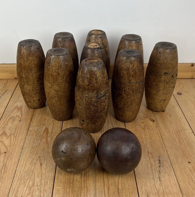 VINTAGE 9 PIN Wooden Skittles Traditional Pub Bar Game Alley Bowling £ ...