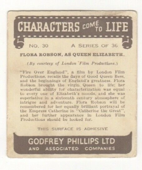FILM STAR CIGARETTE card 1938 #30 Flora Robson Queen Elizabeth Fire ...