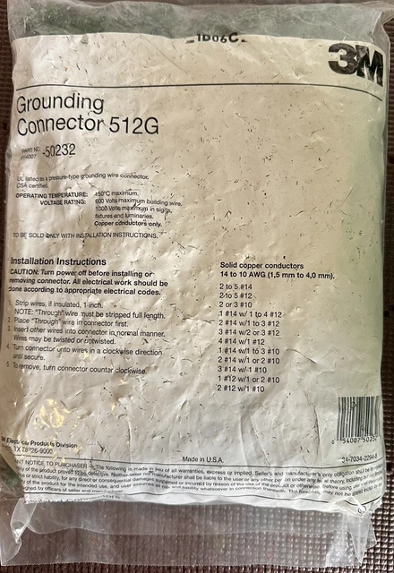 3M 512G 500 INSULATED CONNECTORS, Green #054007-50232- New In Bag $54. ...