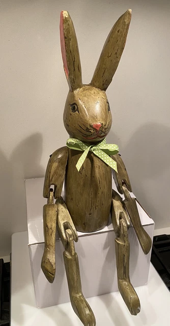 EASTER HARE RABBIT BUNNY WITH RIBBON WOODEN HAND CARVED BROWN SHELF ...