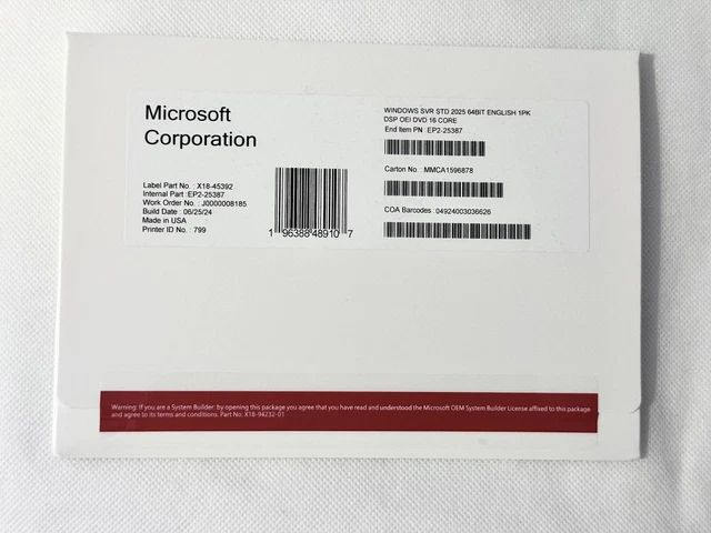 MICROSOFT WINDOWS SERVER 2025 Standard 64 Bit 16 Core DVD+license Key £ ...