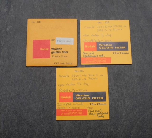 KODAK WRATTEN GELATIN filters 81B, 82A, 82C (75 x 75 mm) EUR 15,00 ...