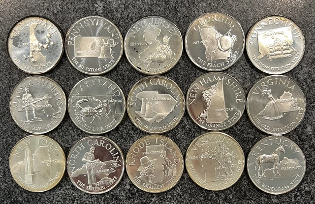 THE FRANKLIN MINT States Of Union 925 Silver-15 Medals (6.75 Toz ...