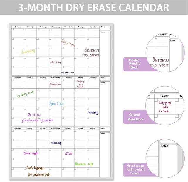 UNDATED 3 MONTH Dry Erase Wall Calendar Large Monthly Planner with ...