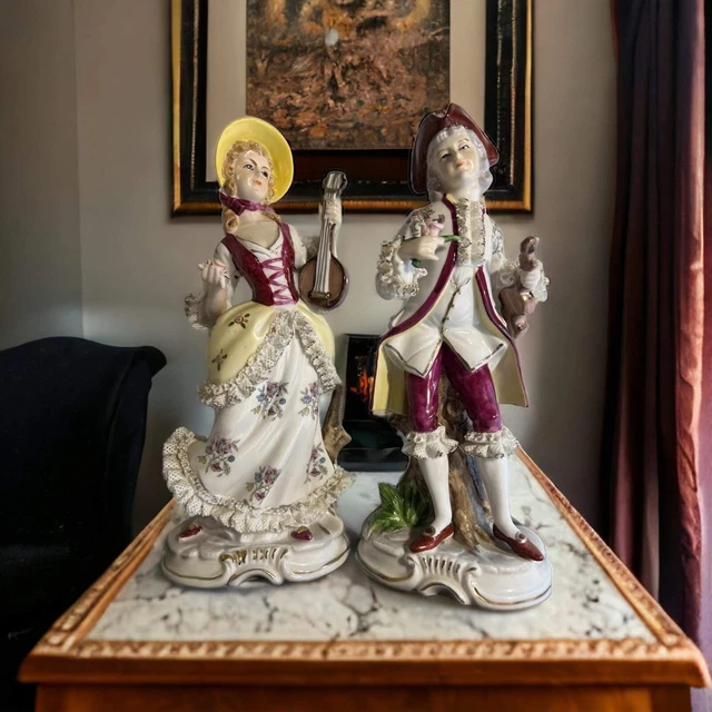 VINTAGE CAPODIMONTE FIGURINES x 2 Porcelain Lace Dress Woman Banjo ...