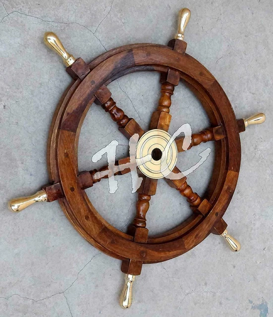 ROUES DE BATEAU En Bois Vintage Antique Avec Poignée En Laiton Massif 18" Cadeau EUR 55,42 ...