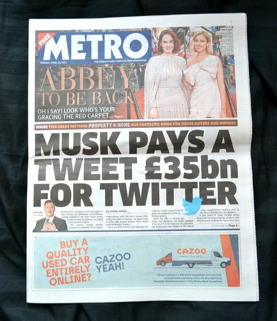 THE UK METRO Newspaper 26/04/22 April 26th 2022 Elon Musk Buys Twitter ...