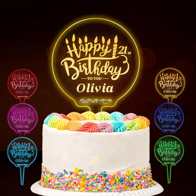 PERSONALISED ACRYLIC CAKE Topper LED Light Up 7 Color Happy Birthday ...