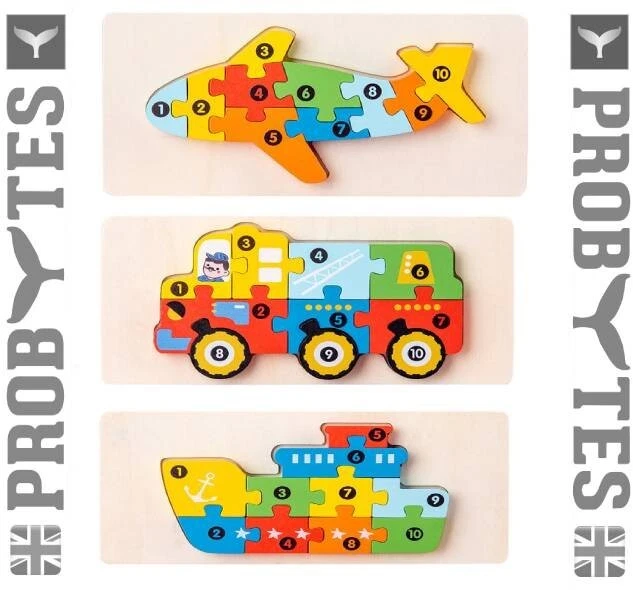 JIGSAW PUZZLE KIDS Toy Wooden Car School Bus Airplane Ship Counting ...