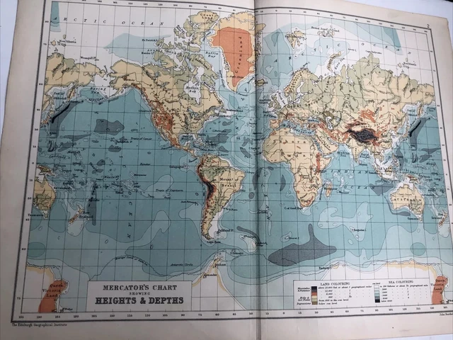 1910: ANTIQUE MAP Of The World Mercator’s Chart Heights & Depths ...