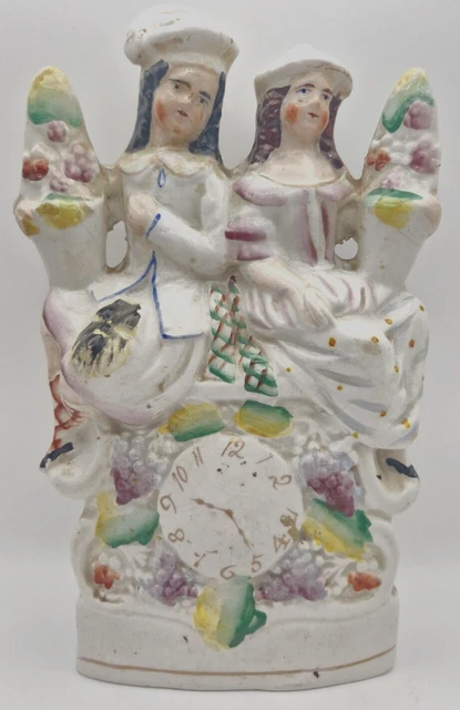ANTIQUE STAFFORDSHIRE POTTERY Clock Figure With Man & Woman Victorian 9 ...