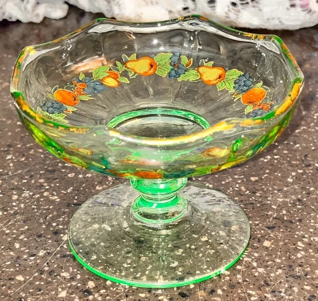 VTG VASELINE URANIUM Green Glass Pedestal handpainted Candy dish ...