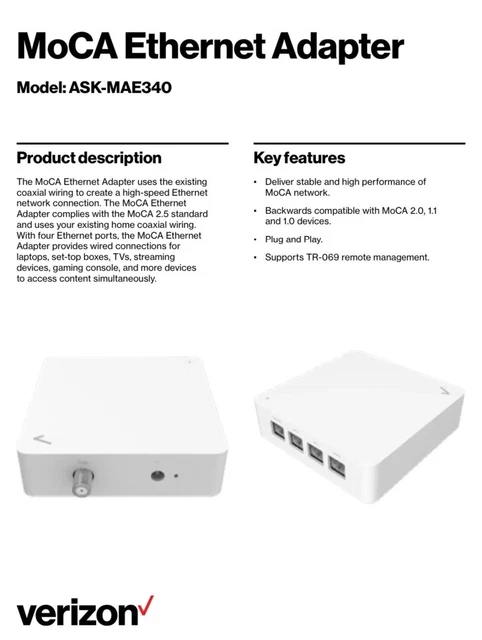 BRAND NEW, VERIZON MoCA Ethernet Adapter Multiport (Model: ASK-MAE340 ...