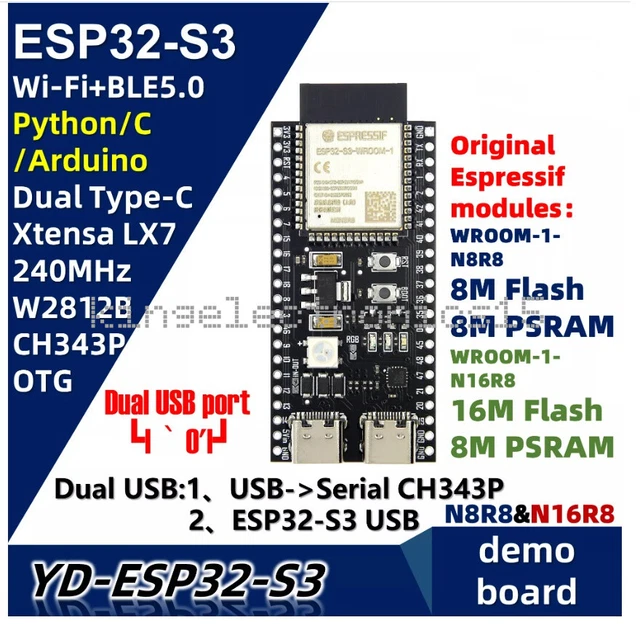 ESP32 S3 ESP32-S3-DEVKITC-1 Dual Type-C USB ESP32-S3-WROOM-1-N8R8 Micropython $16.26 - PicClick CA