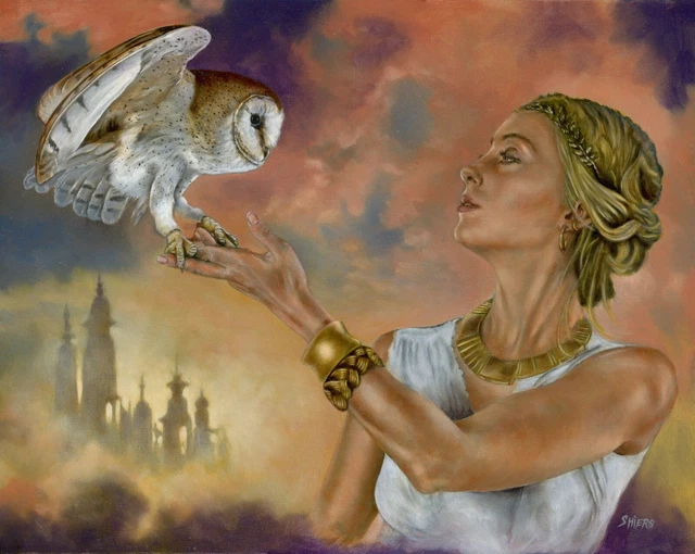 PAUL SHIERS ORIGINAL Athena Greek Gods old barn owl fantasy castle OIL ...