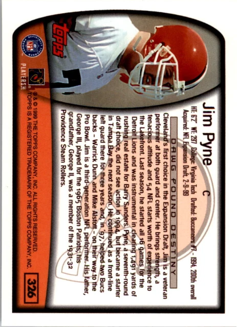 CARTE DE FOOTBALL 1999 Topps Collection Cleveland Browns #326 Jim Pyne ...