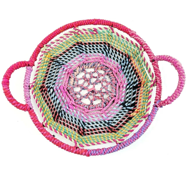 VINTAGE MEXICAN COIL Basket Tray Trivet Tribal Ethnic Boho Rags Handles ...