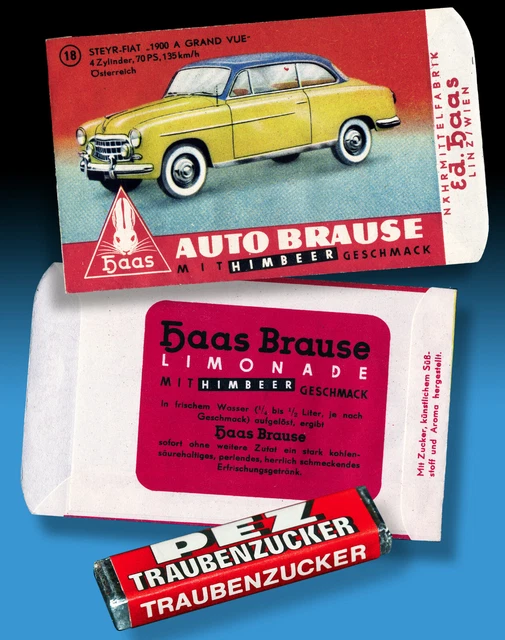 PEZ STANGE UND ED HAAS LINZ AUTO Sammelbild BRAUSE TÜTE 1950er STEYR ...