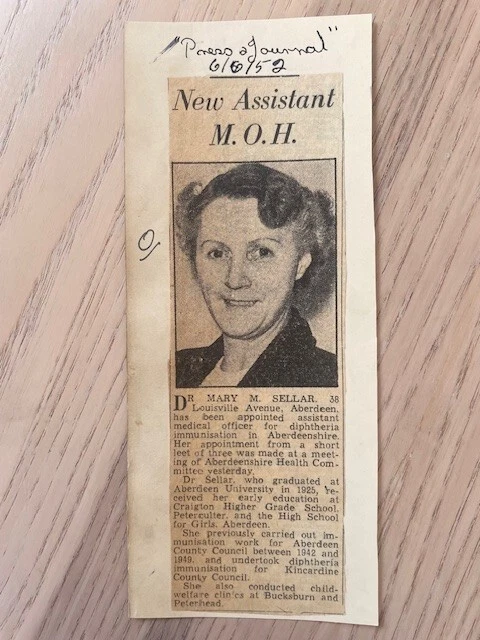 DR MARY SELLAR Aberdeen, Diptheria Medical Officer. Small Newspaper ...