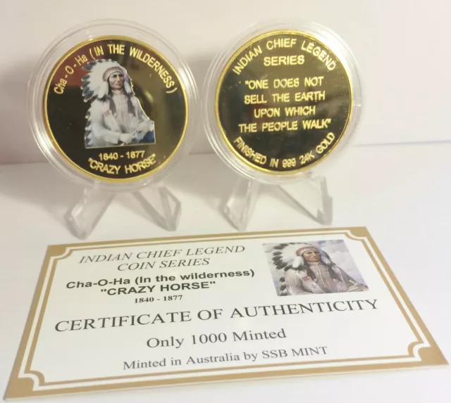 NEW INDIAN CHIEF Series "CRAZY HORSE" 1 Oz Coin C.O.A. Finished in 999 ...