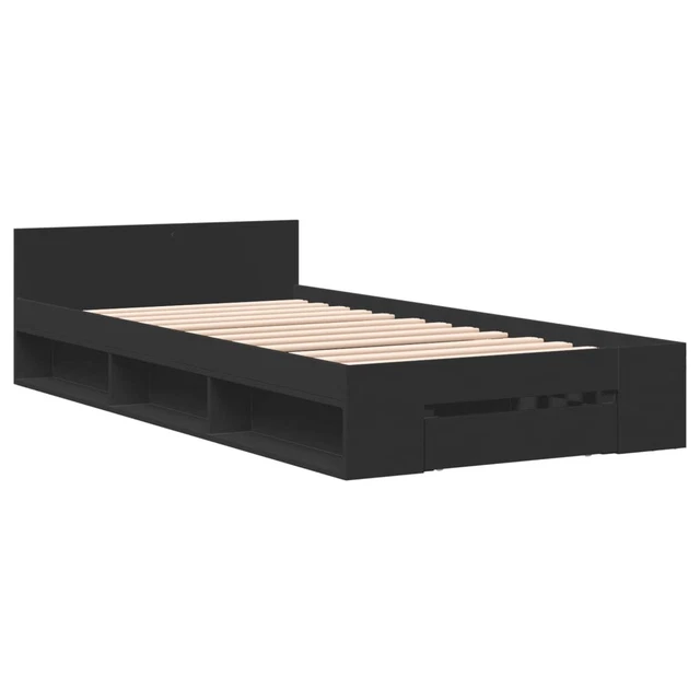 BED FRAME BLACK 90x190cm Engineered Wood Single with 2 Drawers& Slats ...