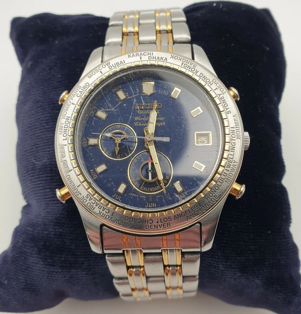 SEIKO QUARTZ WORLD Timer Cronografo Allarme Calandra Intelligente Uomo ...