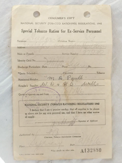 WW2 AUSTRALIAN TOBACCO Ration for Ex-Service Personnel receipt. 1946 ...