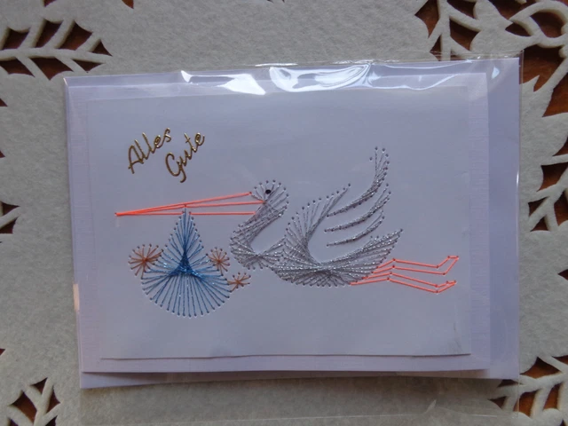 FADENGRAFIK GEBURT JUNGE Storch Glückwunschkarte sticken gestickt EUR 1 ...
