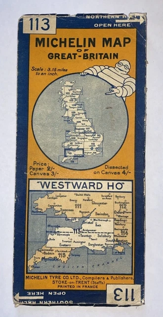 VINTAGE CIRCA 1930S Michelin Map of Great Britain - Westward Ho No. 113 ...