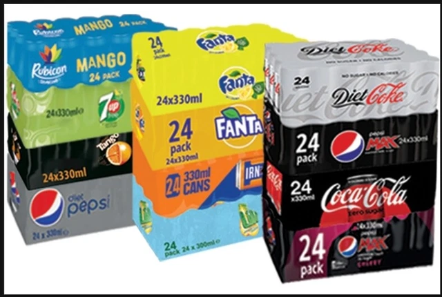 IRN-BRU LILT FANTA pepsi Tango Dr Pepper 7UP canettes coca-cola 24 x ...