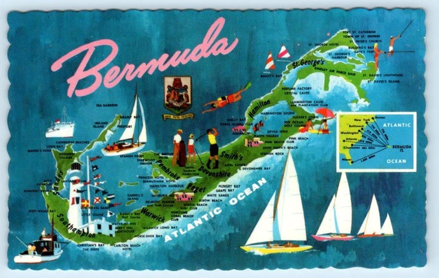PICTORIAL MAP OF BERMUDA ~ Sailboats LIGHTHOUSE 1965 Dexter Press ...
