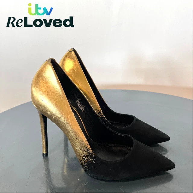 EMMERDALE: FAITH DINGLE'S black & gold stiletto shoes, Size 6 ...