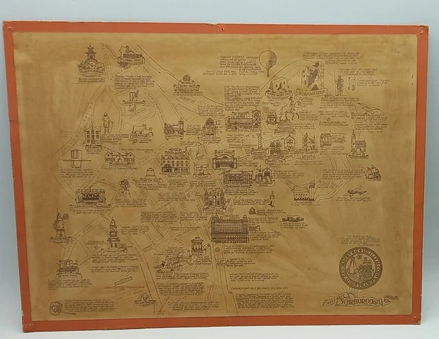 LARGE VINTAGE ORIGINAL Hand Drawn Pictorial Historical Map Scarborough ...
