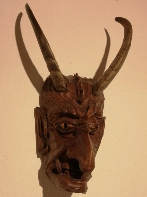 ALTE KRAMPUS MASKE Perchtenmaske Hand geschnitzt Holz RH Fasnacht echte ...