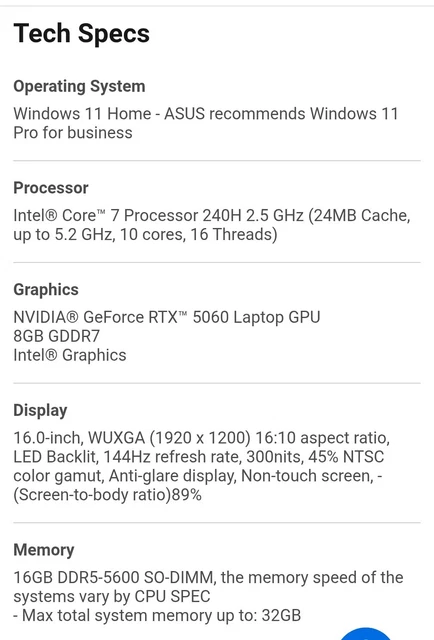 ASUS V16 V3607VM 16.0" Intel Core 7 240H - RTX 5060 - 16GB / 1TB ...